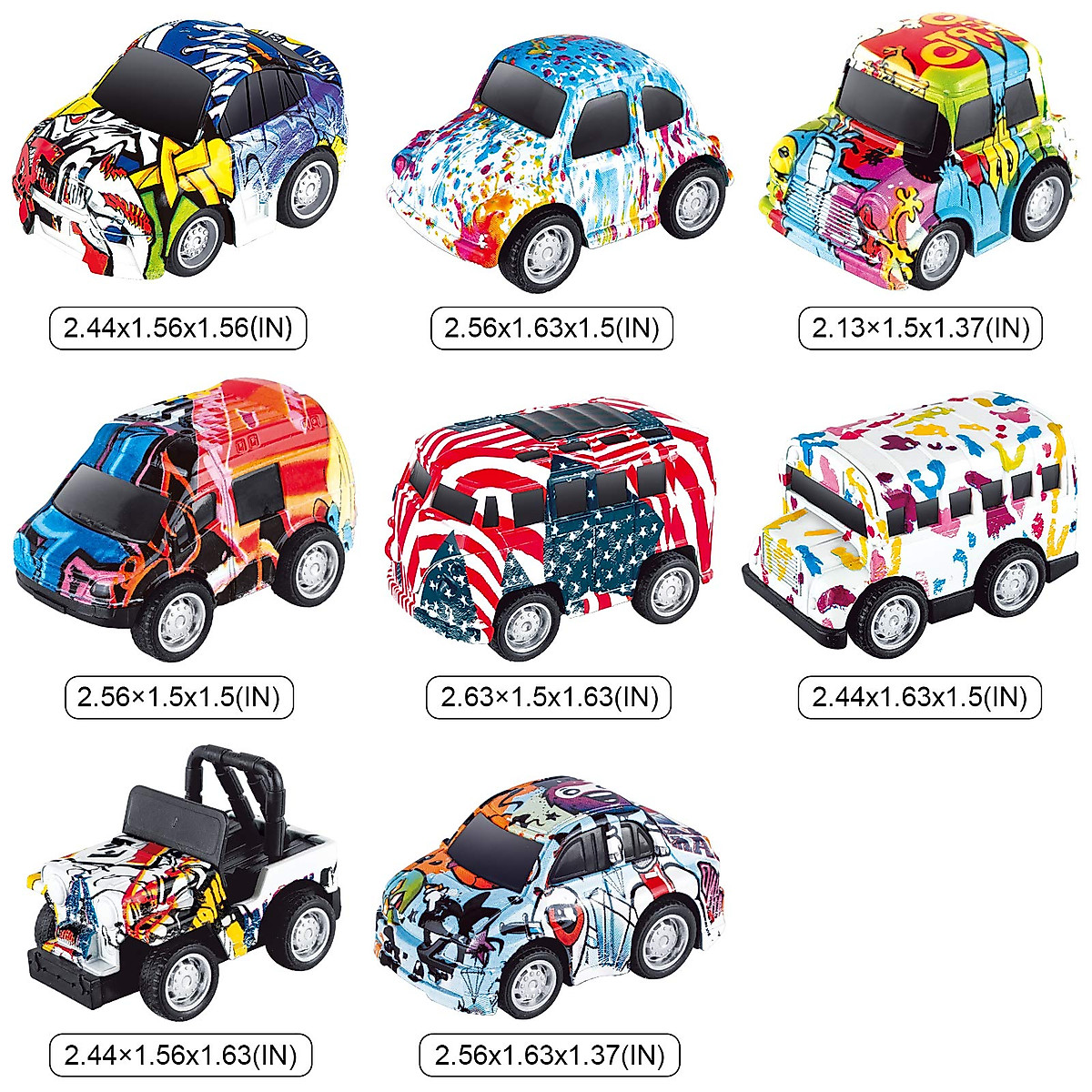 Pull Back Cars, 8 Pack Graffiti Style Metal Friction Powered Die-cast Cars Trucks Playset, Toys Pull Back Vehicles for Kids Boys Girls Toddlers, Toy Cars Party Favors for 3-14 Year Old Children, 8pcs