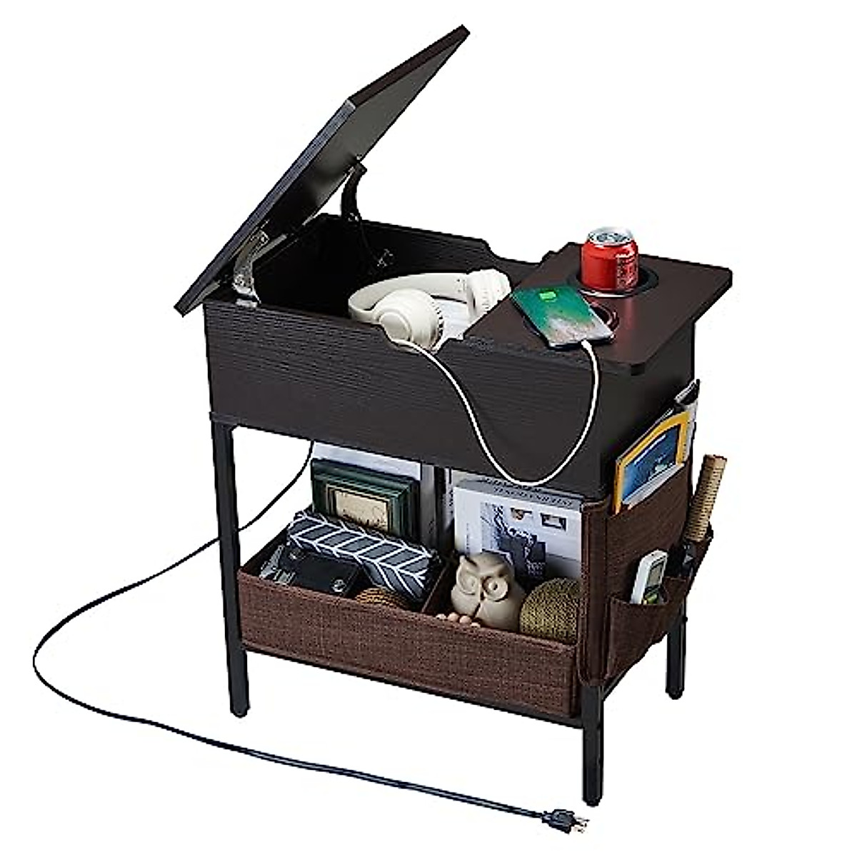 Lovitgo End Table with Power Outlet, Small Side Table with USB Ports & Fast Charging, Flip Top Nightstand with 2 Cup Holders & Fabric Drawer, Fabric Bag for Small Spaces,Living Room,Bedroom