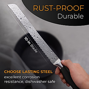 Orblue Serrated Bread Knife with 10-inch Upgraded Stainless Steel Razor Sharp Wavy Edge Width - Bread Cutter Ideal for Slicing Homemade Bagels and Cake, Black