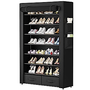 OYREL Shoe Rack Storage Cabinet 32 Pairs Organizer Shelf Tall Zapateras for Shoes Large Free Standing Racks Vertical Black Holder Stand with Cover Two Boxes Closet, 8Tier Long