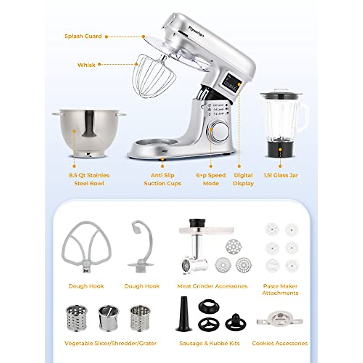 Flyseago Stand Mixer 8-IN-1 8.5 Qt Multifunctional Electric Kitchen Mixer 6 Speed Tilt-Head with Stainless Steel Bowl, 1.5L Glass Jar, Meat Grinder, Dough Hook, Whisk, Pasta Attachment