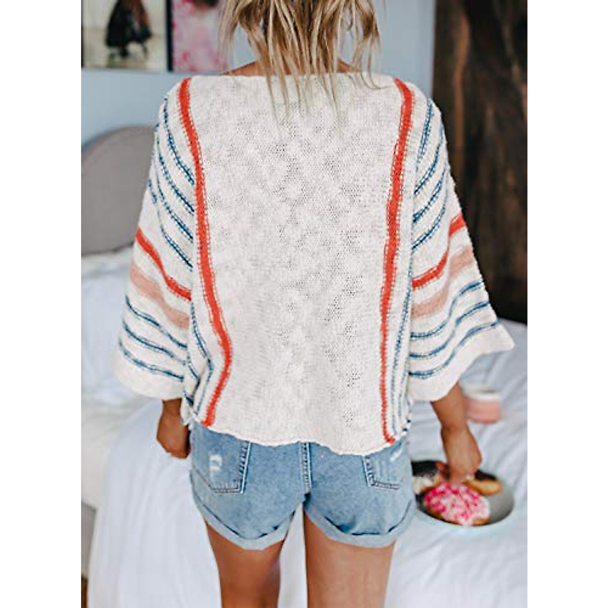 Dokotoo Womens Ladies Cute Casual Summer Fall 2023 Crewneck Color Block Striped Wide Bell 3/4 Sleeve Oversized Baggy Lightweight Comfy Cozy Cable Knit Beach Pullover Sweaters for Women Tops Shirts XL