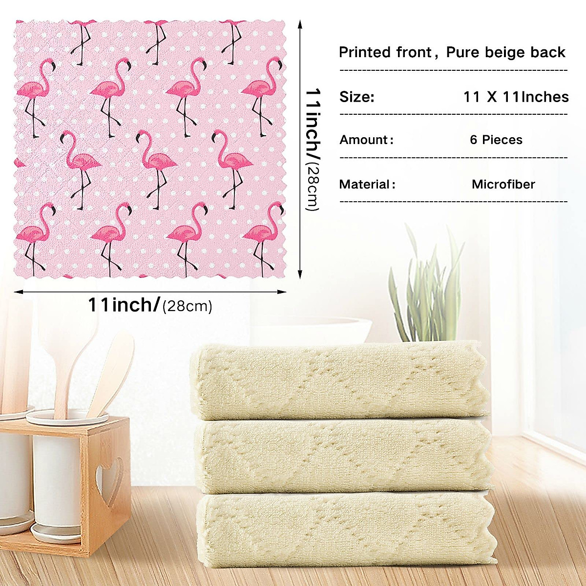 Kigai Pink Flamingos and Dots 11×11 Inches Polyester Flannel Six-Piece Multifunctional Kitchen Dishcloth Soft Absorbent Towel Dishcloth Tea Towel Square Towel