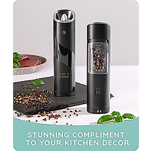 JULY HOME Gravity Electric Salt and Pepper Grinder Set, 2 Pack, Battery Operated, Adjustable Coarseness, One Hand Operation Electric Pepper Grinder with LED Light & Cleaning Brush (Packaging may vary)