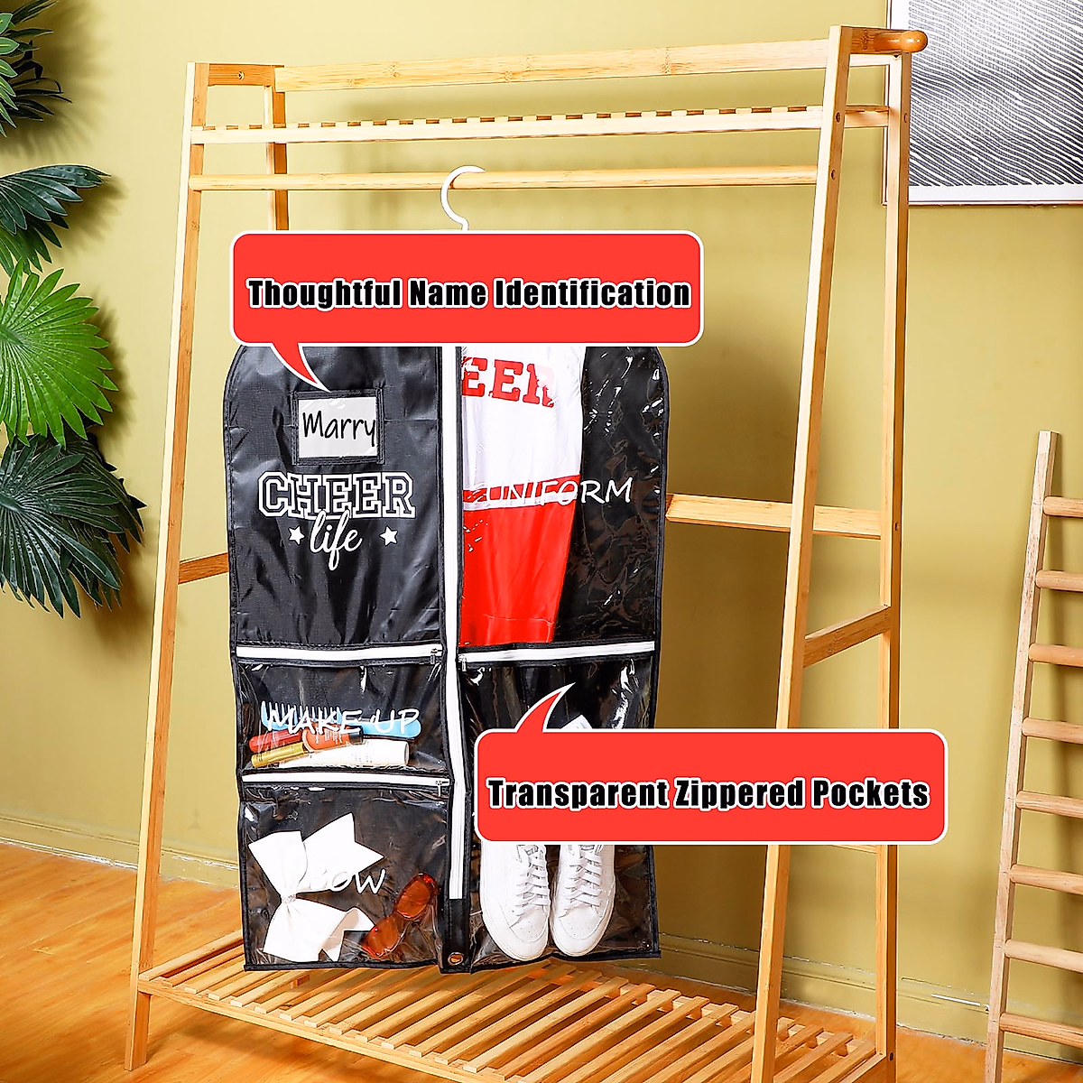 Blushtier 4 Pcs Cheer Garment Bags for Cheer Uniform Waterproof Hanging Garment Bags for Dance Costumes 40 Inch Clothes Bag with 5 Pockets and Side Zip Travel Storage Cheer Uniform(Black and White)