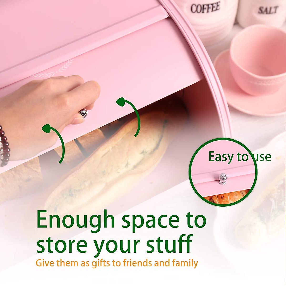 KL X458 Pink Bread Box Roll Top, Metal Bread Box for Kitchen Countertop, Large Capacity, Keeps Bakery Items Fresh Longer, Bread Bin for Kitchen Countertop, Breadbox to Store Cookies, Bagels, Muffins