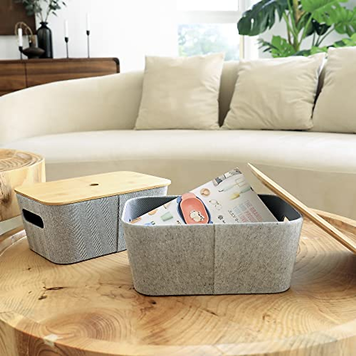 LA JOLIE MUSE Modern Basket with Bamboo Lids, Mid-Century Stackable Storage Basket Bins for Shelves Office Home Organizing, Decorative Tweed Fabric Organizer Container Set of 2, Light Grey
