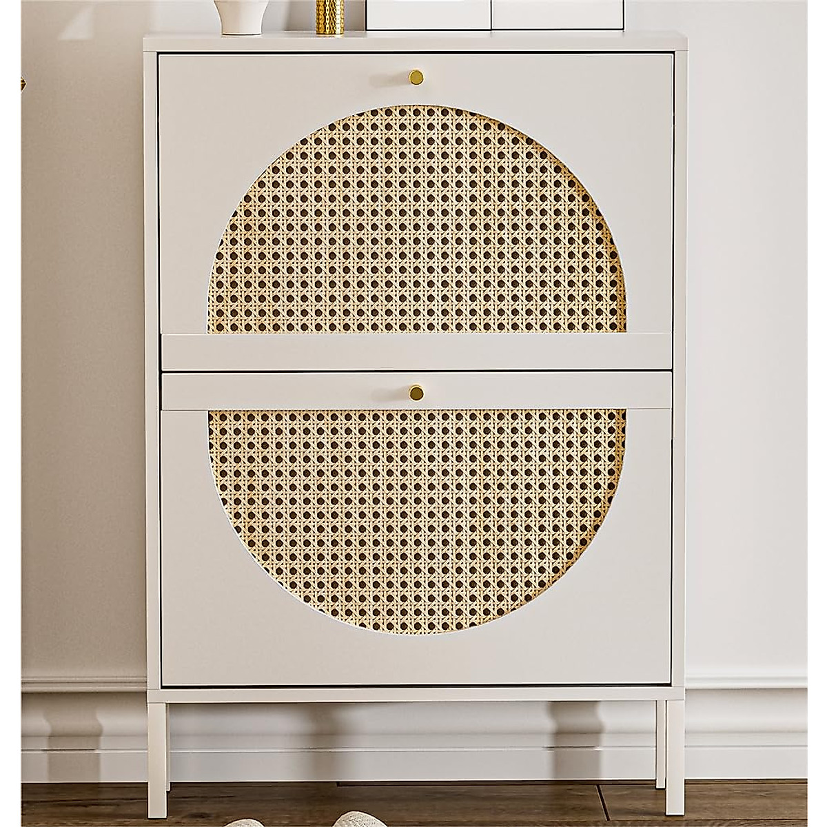 IKIFLY White Rattan Shoe Cabinet with 2 Flip Drawers, Narrow Free Standing Shoe Racks with Metal Legs, Shoe Storage Cabinet for Entryway, Living Room, Apartment
