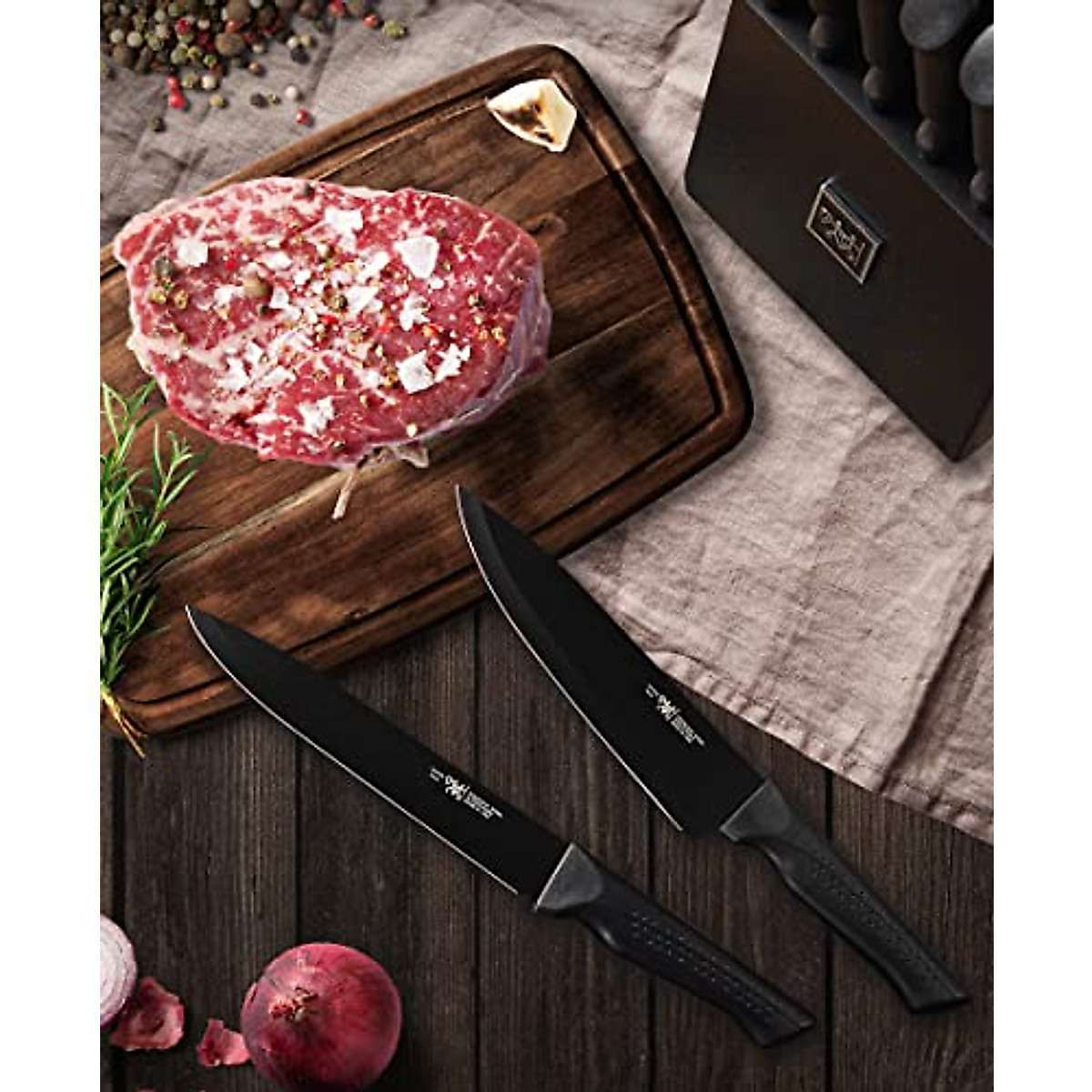 knife set, Dishwasher Safe Kitchen Knife Set with Block, 15 Pcs Black knife sets for kitchen with block Self Sharpening, 6 Steak Knives, Anti-slip handle, Black