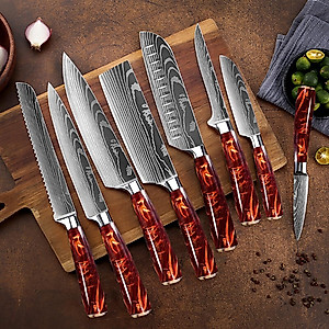 SENKEN 8-piece Japanese Kitchen Knife Set with Red Resin Handle and Laser Damascus Pattern - Crimson Collection - Chef's Knife, Santoku Knife, Paring Knife, & More - Ultra Sharp for Very Fast Cutting