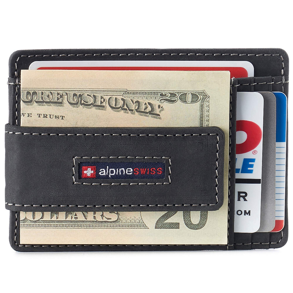 Alpine Swiss Harper Mens RFID Slim Front Pocket Wallet Magnetic Money Clip ID Card Holder Leather Nubuck Black