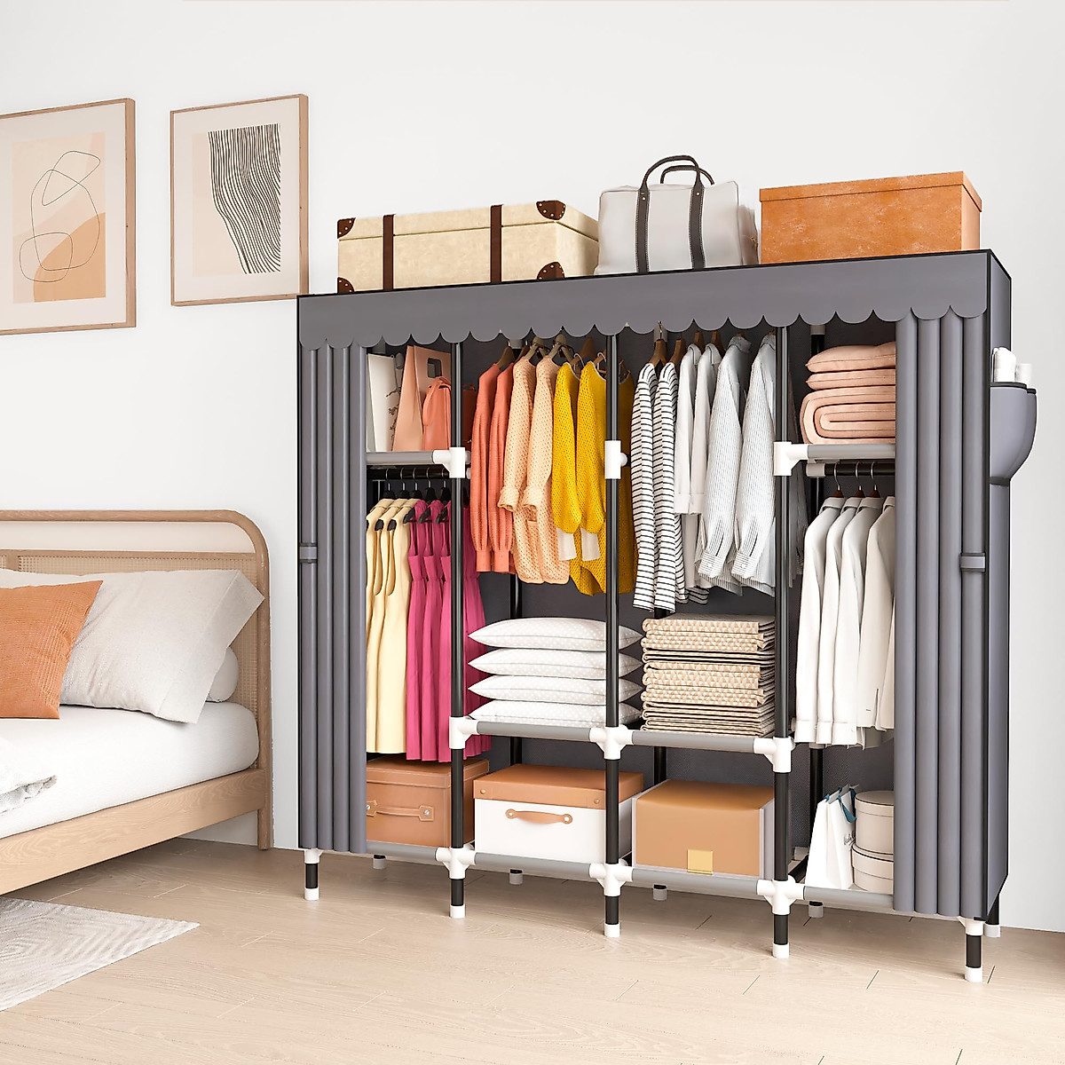 KEKIWE Portable Closet, 69 Inch Wardrobe Closet for Hanging Clothes with 4 Hanging Rods, 8 Storage Shelves, Side Pockets, Strong and Durable 25mm Metal Tube, Quick and Easy to Assembly, Grey