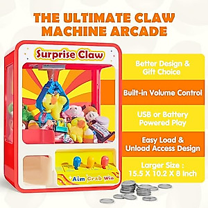 JOYIN Claw Machine Arcade Toy with LED Light & Adjustable Sound, Rechargable Dispenser Toys Mini Vending Machine for Kids - Perfect Christmas & Birthday Big Gifts for Kids, Ages 3+