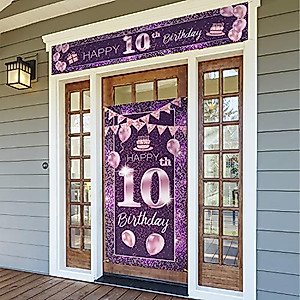 PAKBOOM Happy 10th Birthday Door Cover Porch Banner Sign Set - 10 Years Old Birthday Decoraions Party Supplies for Girls - Purple Pink