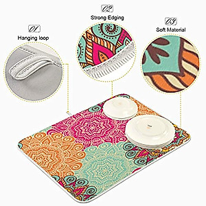 Floral Mandala Trippy Dish Drying Mat 24"x18" Absorbent Machine Washable Hanging Fast Dry Pad Dish Protective Mat for Kitchen Countertop Heat Resistant Dinner Table Mat