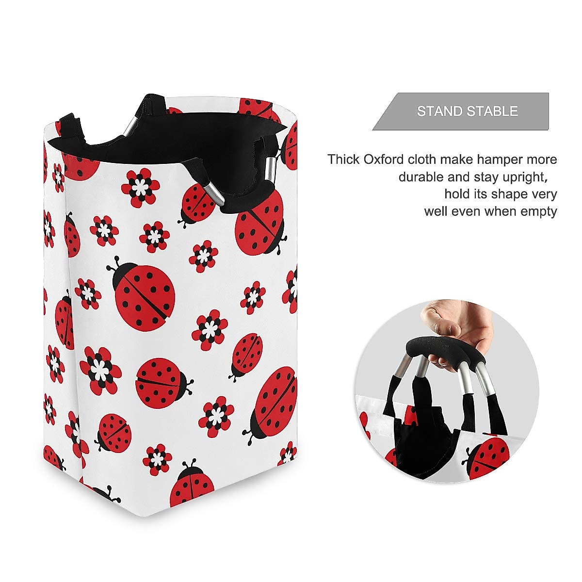 Ladybugs Laundry Hamper, Flower Floral Foldable Laundry Basket with Handles Collapsible Hamper Dirty Clothes Toys Organizer Bag for Laundry Room, Bathroom, Bedroom, College Dorm, Girl Boy Room