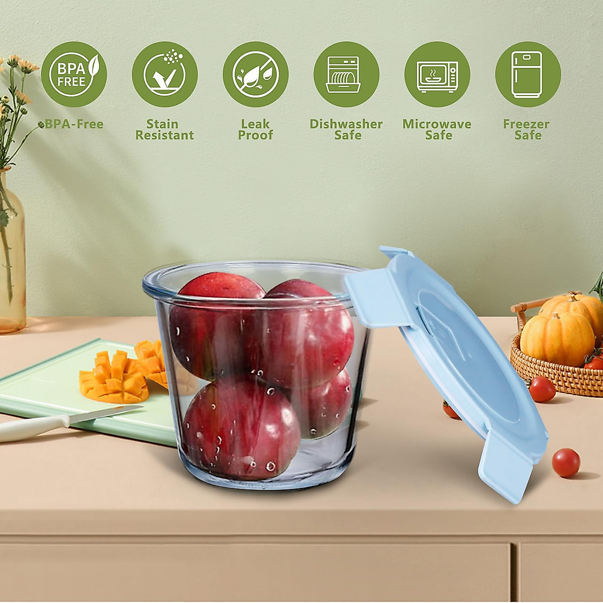 8 Piece Round Glass Storage Containers with Lids, Leak Proof 3 Cup Glass Containers for Soup, Lunch, Salad, Leftover, Ice Cream, BPA-Free Lids with 4 Locking Tabs, Microwave, Dishwasher, Freezer Safe