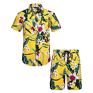 COOFANDY Men's Hawaiian Set Casual Floral Print Shirt Summer Shirt and Shorts
