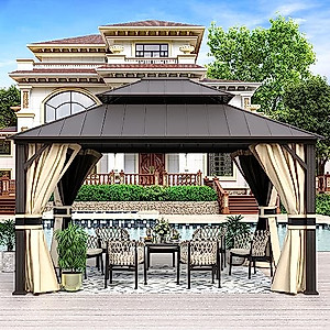 VONZOY 12' x 14' Hardtop Gazebo, Heavy Duty Double Roof Galvanized Steel Outdoor Metal Gazebo with Nettings & Curtains, Aluminum Gazebo with Vertical Stripes Roof for Patio, Backyard, Lawns [Beige]