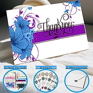 32 Thank You Cards with Envelopes Matching Stickers and Storage Box, 4 x 6 Inch Blank Thank You Greeting Cards Thank You Note for Graduation, Baby Shower, Wedding, Business, Mom, Father, Doctor, Teachers