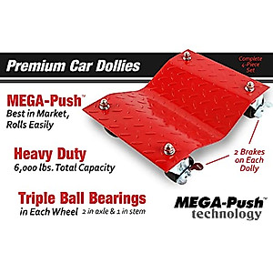 4 Tire Car Wheel Dolly Heavy Duty MEGA-Push Skates Triple Ball Bearings with Brakes 6000 lb Capacity Red