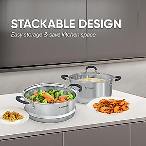 SUNHOUSE 3.3 Quart Steamer Pots With Lid 2-Tier Multipurpose Stainless Steel Steaming Pot Cookware For Vegetable, Dumpling, Sauce, Food - Triple Bottom, Measurement Line