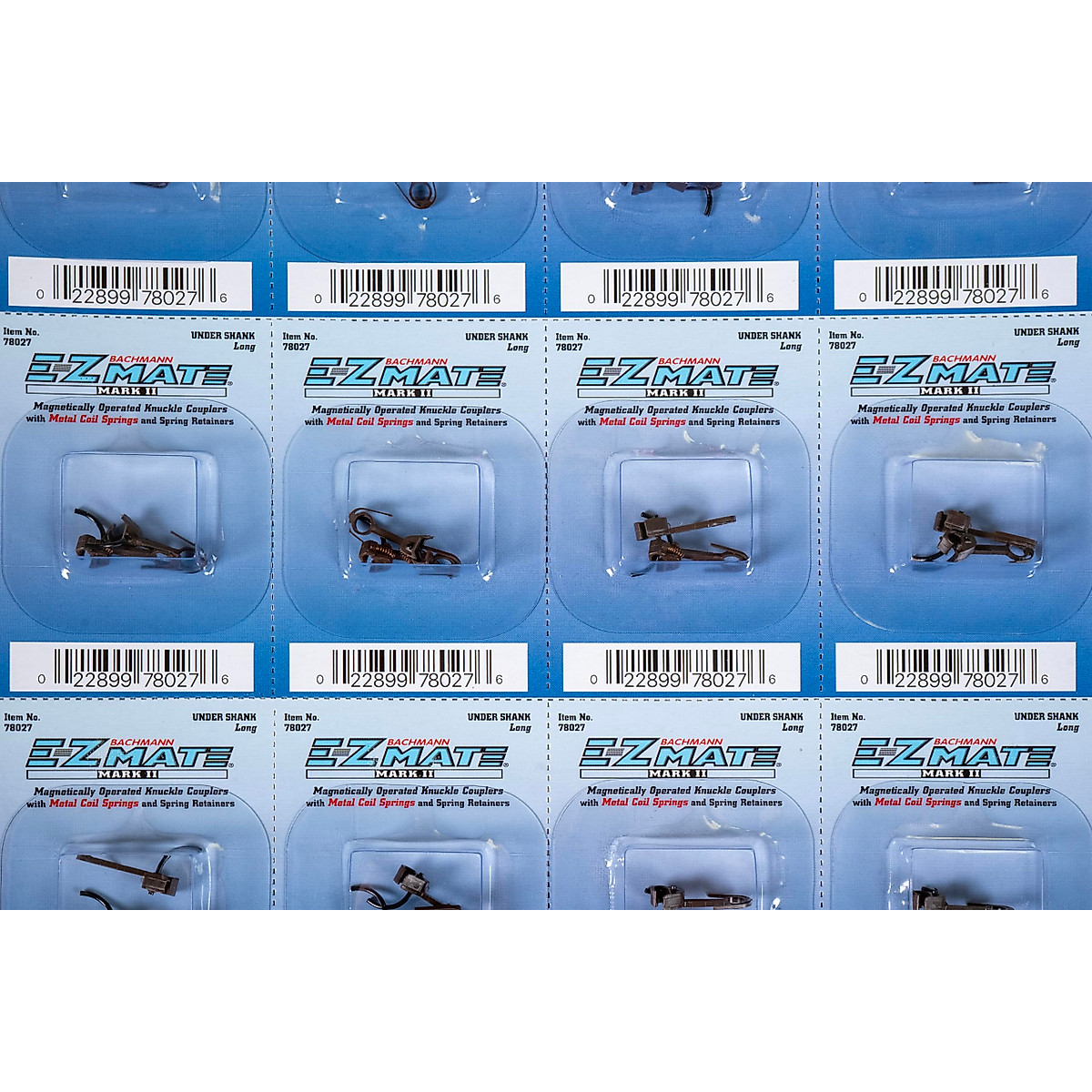 Bachmann Trains - E-Z MATE MARK II COUPLERS - MAGNETIC KNUCKLE COUPLERS with METAL COIL SPRING - UNDER SHANK - LONG (12 pair/card) - HO Scale