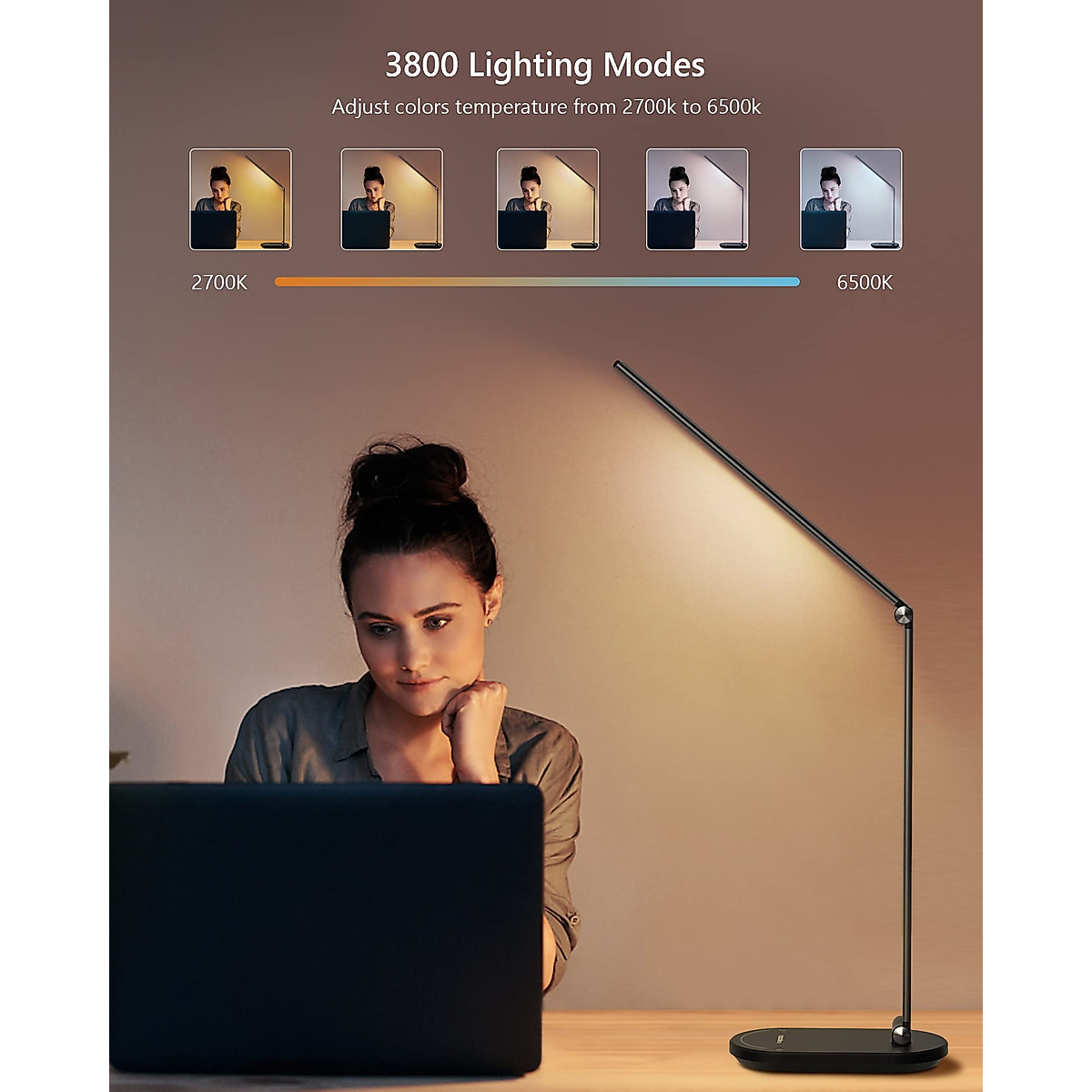 VOCOlinc LED Desk Lamps for Home Office, Voice Control Desk Light with Multiple Lighting Modes, Stepless Dimming, Table Light with APP Control, Wireless Charger, Work with Alexa Siri Google