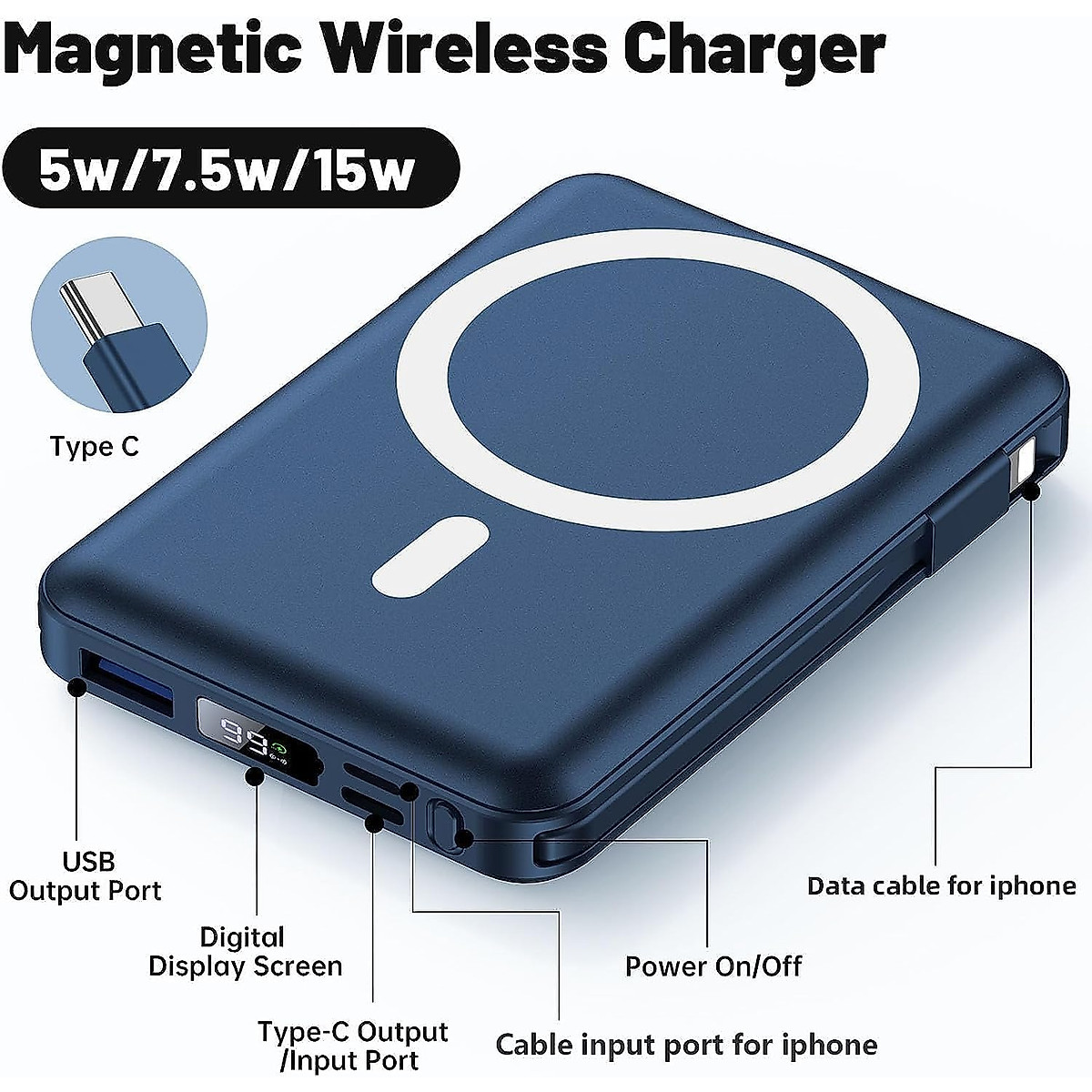 Yiisonger Magnetic Wireless Power Bank - 10000mAh Portable Charger 22.5W PD Fast Charging with Built-in Cables LED Display, Slim Magnetic Battery Pack for iPhone 15/14/13/12/Pro/Mini/Pro Max (Blue)