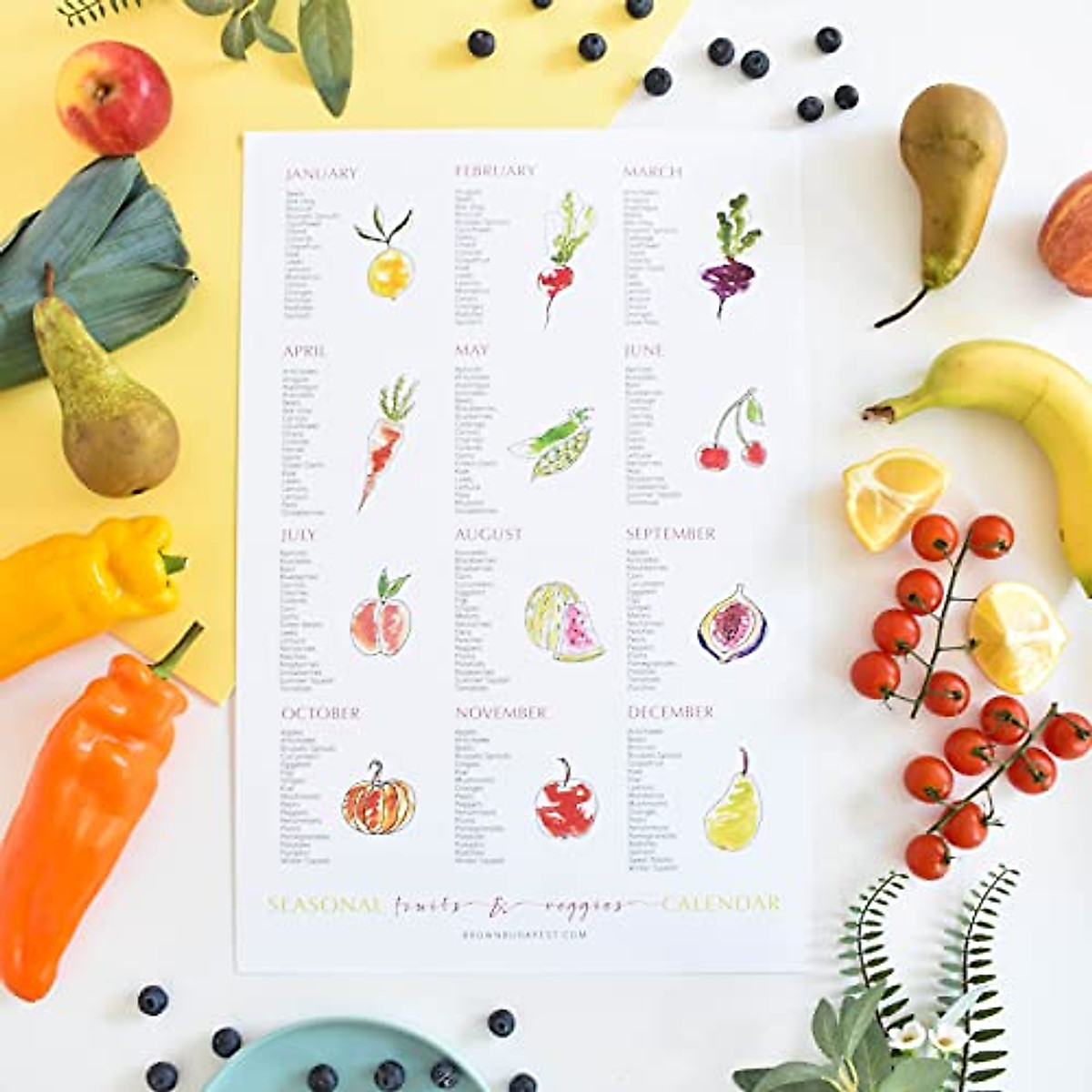 Seasonal Fruit and Vegetable Calendar print of original watercolor art - 12"x18" - unframed - Kitchen Decor, Dining Room Wall Art, Health Poster for Classroom