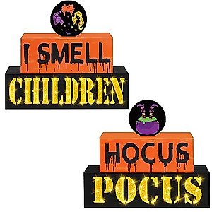 Reversible Halloween Wooden Block Sign with Led Lights- Halloween Decorations- Double-Sided Halloween Light up Hocus Pocus Table Sign for Festive Haunted House Farmhouse Home Tabletop Tiered Tray
