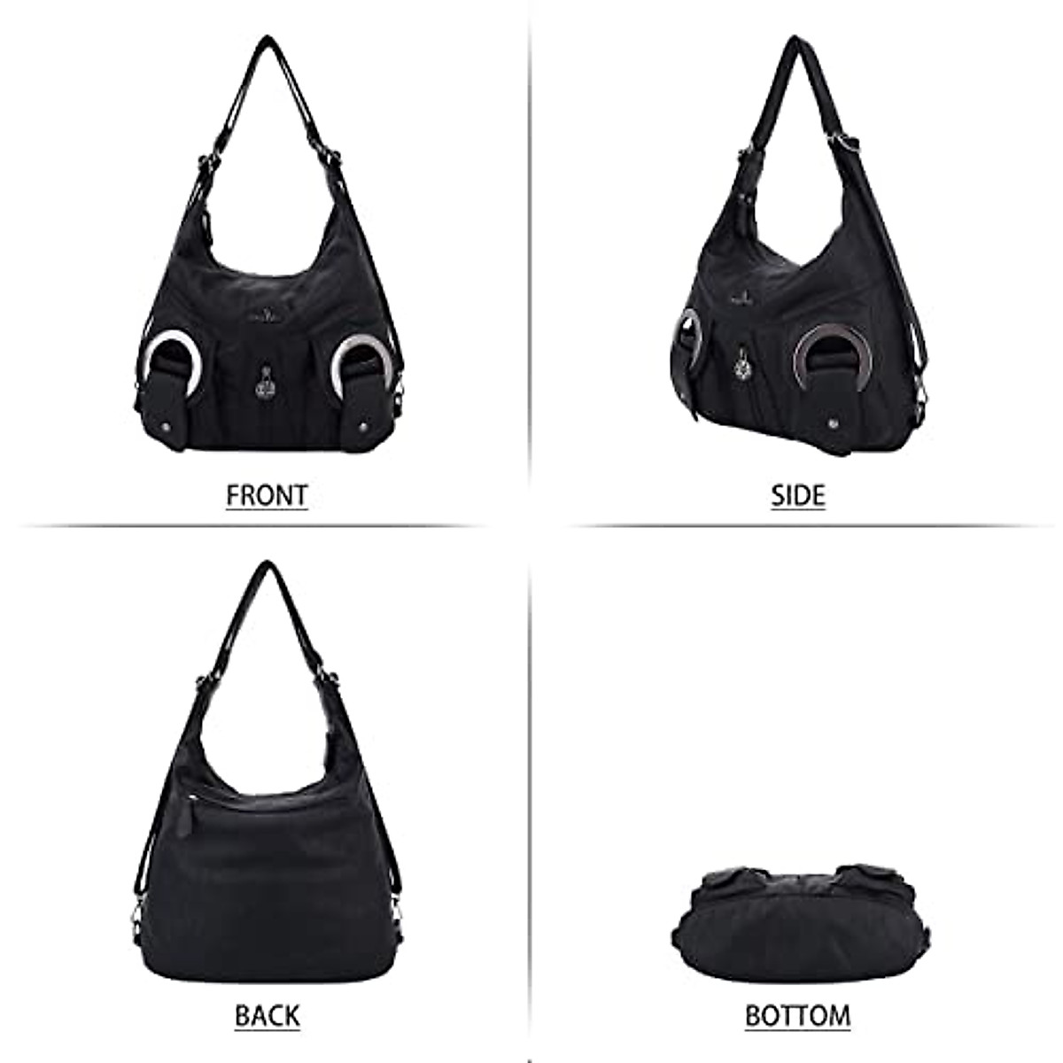 Angel Kiss Purses and Handbags Multi-Pocket Roomy Ladies Shoulder Hobo Bag Satchel Tote Washed Black Leather Purses for Women