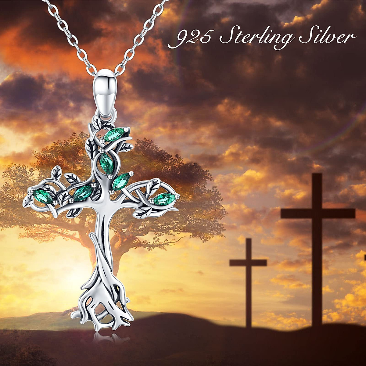 Aututer Celtic Cross Necklace Charm Sterling Silver Tree of Life Crucifix Pendant Family Tree of Life Cross Necklace for Women Emerald Celtic Cross Necklace Family