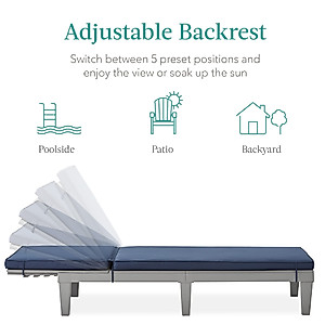 Best Choice Products Outdoor Lounge Chair, Resin Patio Chaise Lounger for Poolside, Backyard, Porch w/Seat Cushion, Adjustable Backrest, 5 Positions, 330lb Capacity - Gray/Navy