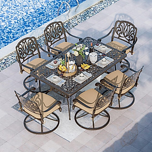 Grepatio 7 Piece Patio Dining Set Outdoor Dining Set Cast Aluminum Furniture Set with 6 Dining Swivel Chairs with 6 Cushions and Dining Table for Backyard Garden Deck Poolside (Khaki)