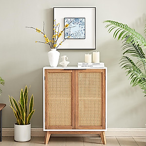 EFURDEN Sideboard Buffet, Kitchen Storage Cabinet with Rattan Decorated Doors, Accent Cabinet with Solid Bamboo Feet, Waterproof Tabletop and Large Storage Space-White