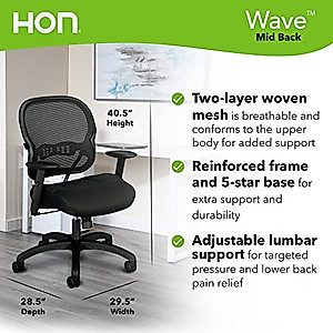HON Wave Office Chair Mid Back Mesh Ergonomic Computer Desk Chair - Adjustable Arms, Lumbar Support, Synchro-Tilt Tension Angle Lock Recline, Comfortable Cushion, 360 Swivel Rolling Wheels - Black