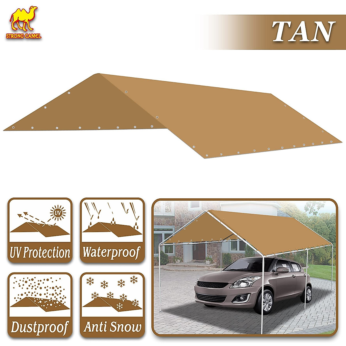 Strong Camel Outdoor 10x20 Ft Replacement Canopy Roof Cover Valanced Carport Covers with Ball Bungee(Without Edge 10'x20', Tan)
