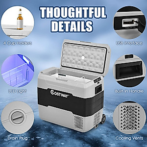 COSTWAY Car Refrigerator with Wheels, 53-Quart Dual-zone Electric Cooler with Telescopic Handle, 12V/24V DC, 100-240V AC, -4°F To 50°F, Portable Fridge Freezer for RV Camping Travel Home, Grey+Black