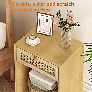 Koifuxii Natural Rattan Boho Nightstand - 24" High, 16.82" x 4.89" x 20.02" Light Wood Bedside Table - Bedroom, Living Room