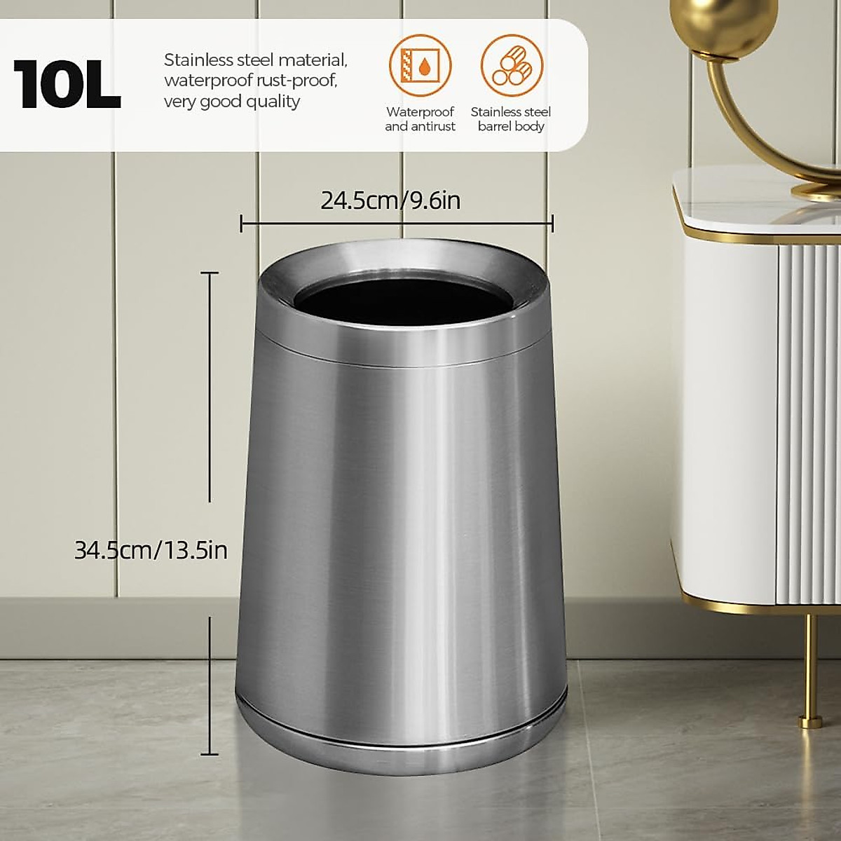 YOJIA 10L/2.6GAL Stainless Steel Sliver Trash Can, Narrow Slit Conicial Trash Can, Light Luxury Garbage Can for Bathroom,Bedroom,Office, Kitchen,Toilet (Z-10L Silver)
