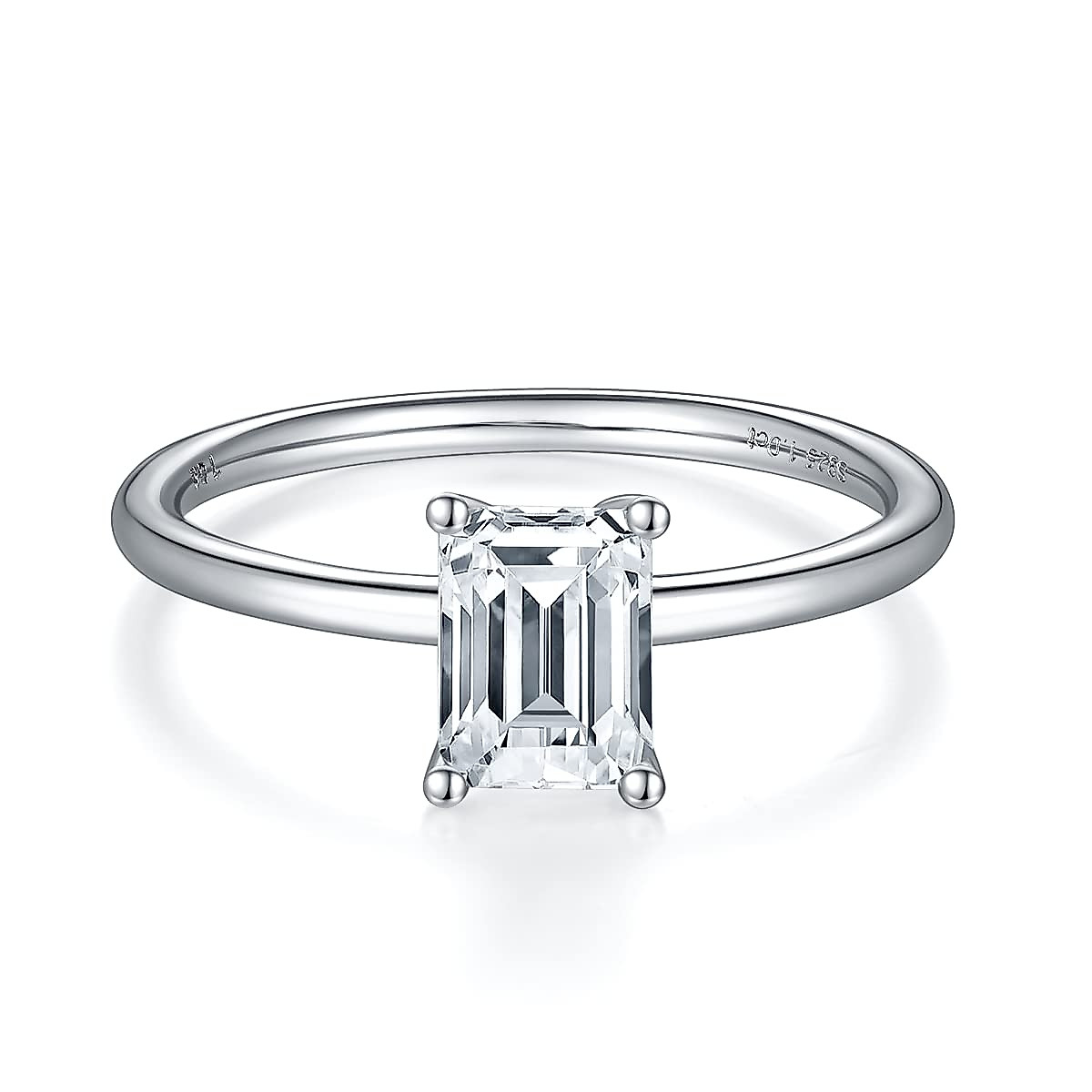 TwoBirch 1 Carat Moissanite Emerald Solitaire in Platinum Plated Sterling Silver (CERTIFIED) (Size 8)