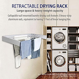 Wall mounted retractable clothing drying rack. Foldaway clothes rack. Collapsible folding hung indoor & outdoor. Space saver compact wall mount design. Foldable Hanging Racks for Laundry room (white)