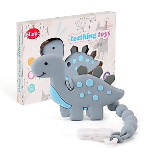 Baby Teething Toys for Babies 3-6 6-12 Months, Dinosaur Teether Pain Relief Toy with One Piece Design Pacifier Clip Holder Set, Freezer Safe Neutral Shower Gift for Boys and Girls (Grey)