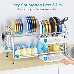 iSPECLE Dish Drying Rack, Expandable 2 Tier Extra Large Dish Rack for Pot and Pan Stainless Steel Pan Rack with Pot Holder Drain Board Utensil Holder for Kitchen Countertop, Silver