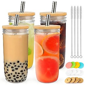 [ 4 Pack ] Glass Cups Set - 24oz Mason Jar with Straw Reusable Wide Mouth Bubble Smoothie Bobo Iced Coffee Cup w 12 Airtight Lids Brush,Tumbler Drinking Bottle for Pearl Tea, Juice