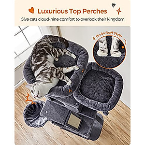 Feandrea Cat Tree, 81.1-Inch Large Cat Tower with 13 Scratching Posts, 2 Perches, 2 Caves, Basket, Hammock, Pompoms, Multi-Level Plush Cat Condo for Indoor Cats, Smoky Gray UPCT190G01