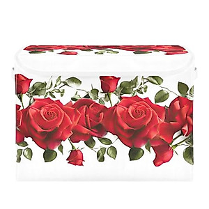 TecEr Red-roses-valentine's Day Large Fabric Foldable Storage Bins with Lids and Handle, Decorative Storage Box Cube for Shelves Closet Home Bedroom Office