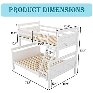 Heliosphere Twin Over Full Bunk Bed, Wooden Bunk Bed Frame with Safety Guard Rail & Ladder, Space-Saving Design/Noise Free for Teens Adults Bedroom, No Box Spring Needed (White)