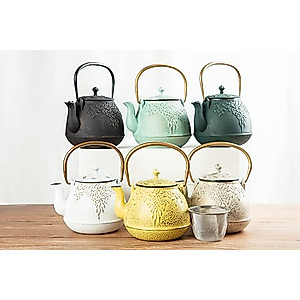 Tea Kettle, TOPTIER Japanese Cast Iron Teapot with Stainless Steel Infuser, Cast Iron Tea Kettle Stovetop Safe, Leaf Design Teapot Coated with Enameled Interior for 32 Ounce (950 ml), Light Green